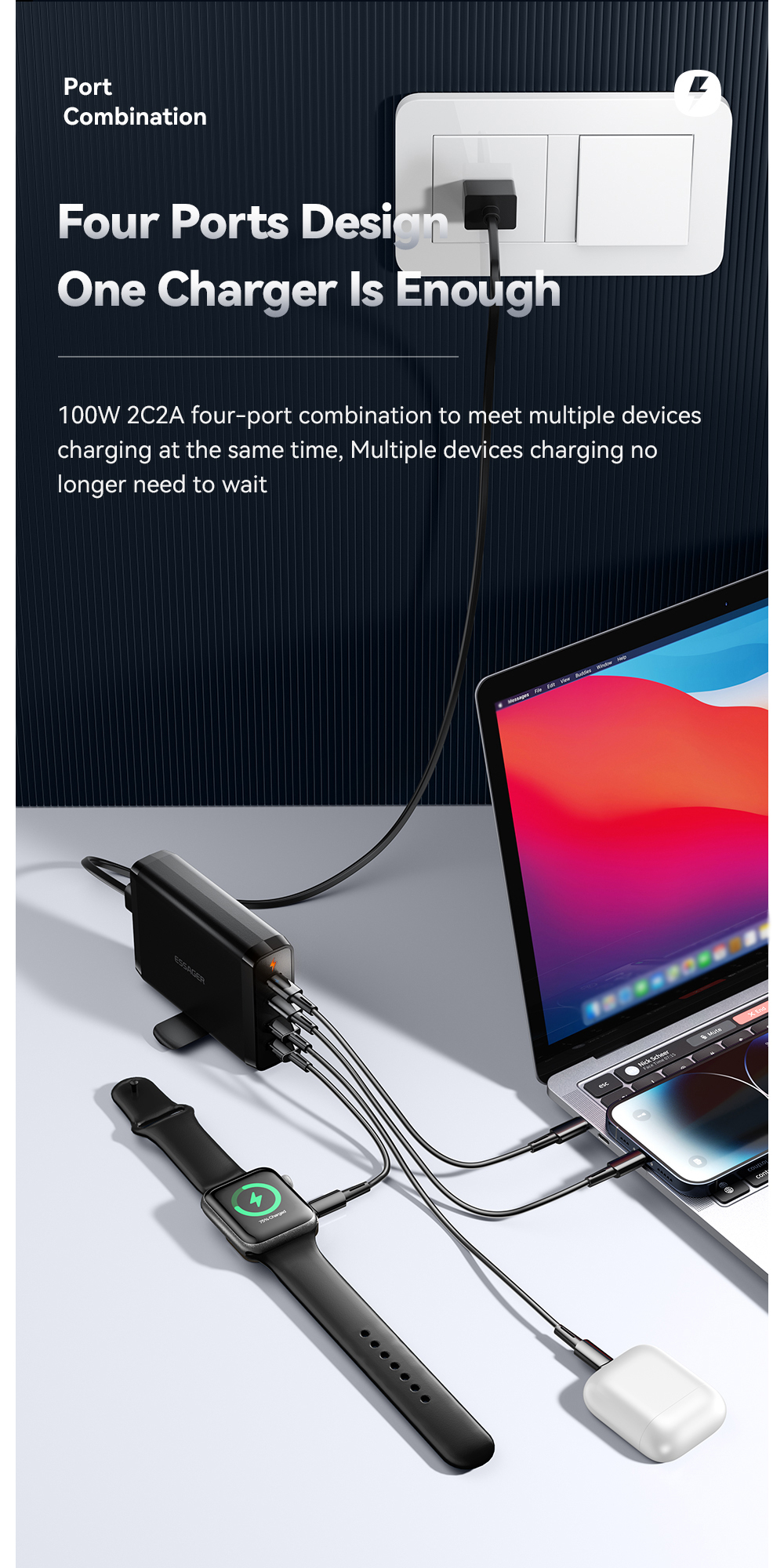 Essager 100W GaN Desk charger Type c usb fast charging charger 2C2A ...
