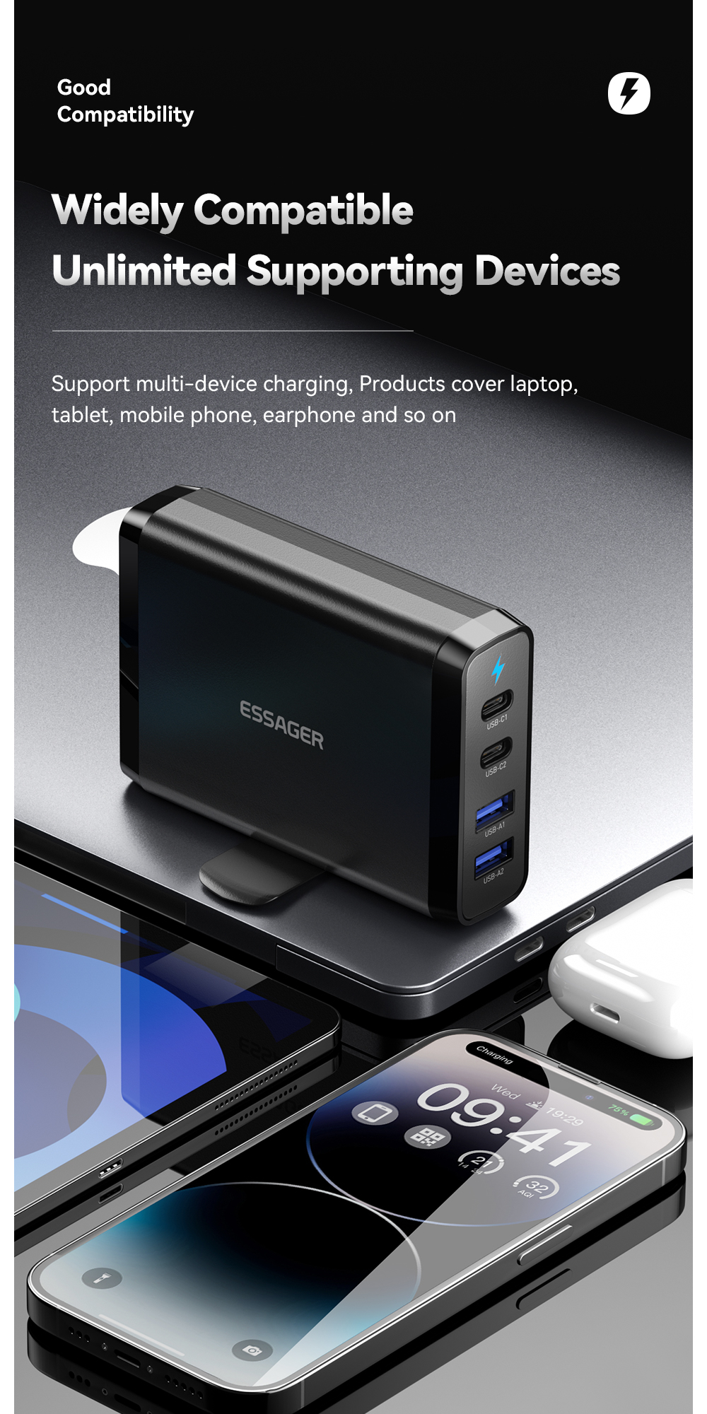 Essager 100W GaN Desk charger Type c usb fast charging charger 2C2A ...