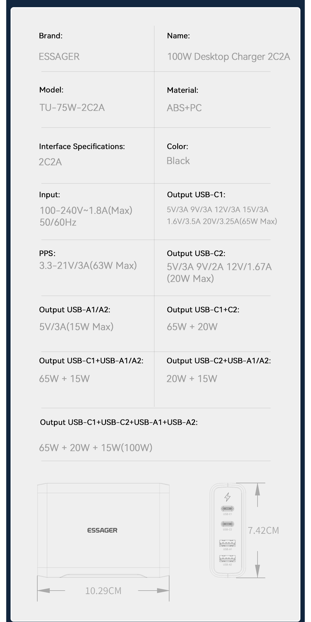 Essager 100W GaN Desk charger Type c usb fast charging charger 2C2A ...