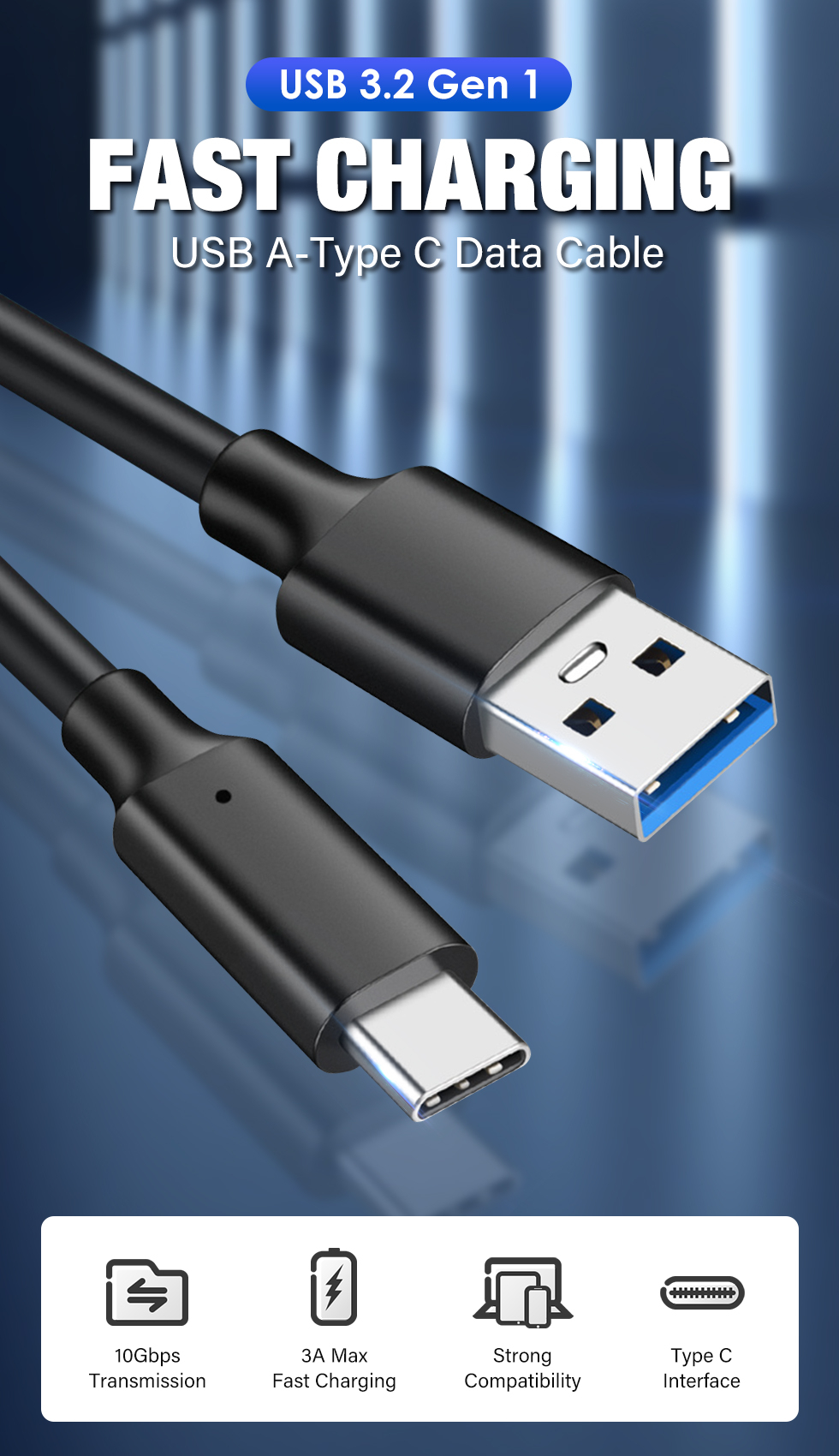 USB 3.2 Gen2 10Gbps USB to Type C Cable For Cell Phone Laptop SSD Hard ...