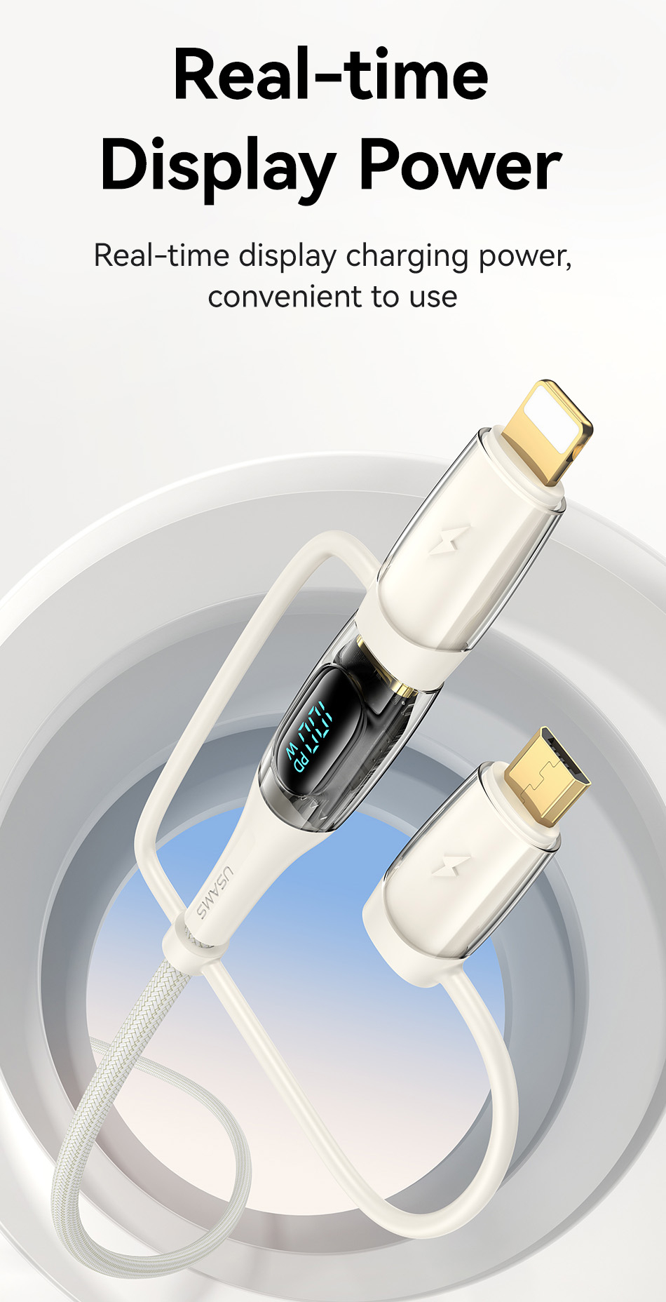 USAMS PD 100W 3 in 2 USB Type C IP Transparent Digital Display Fast Charging Data Cable For ...