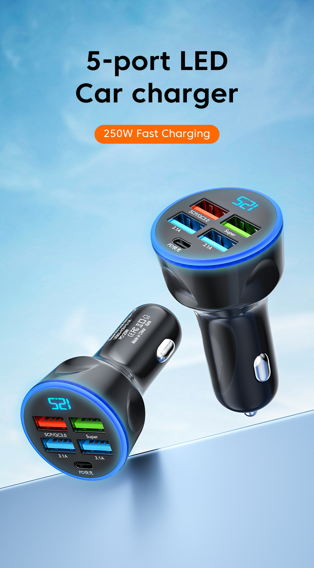 250W 5 Ports USB C Car Charger Quick Charge 3.0 Digital Display Mobile ...