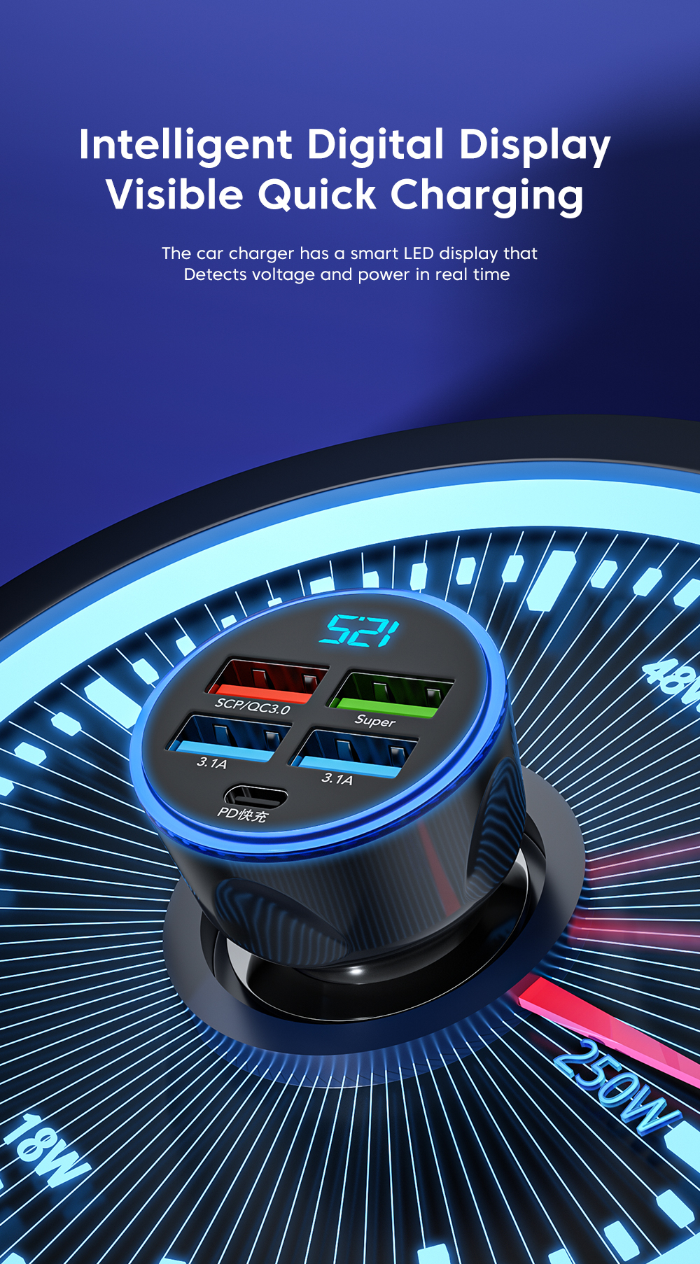 250W 5 Ports USB C Car Charger Quick Charge 3.0 Digital Display Mobile ...