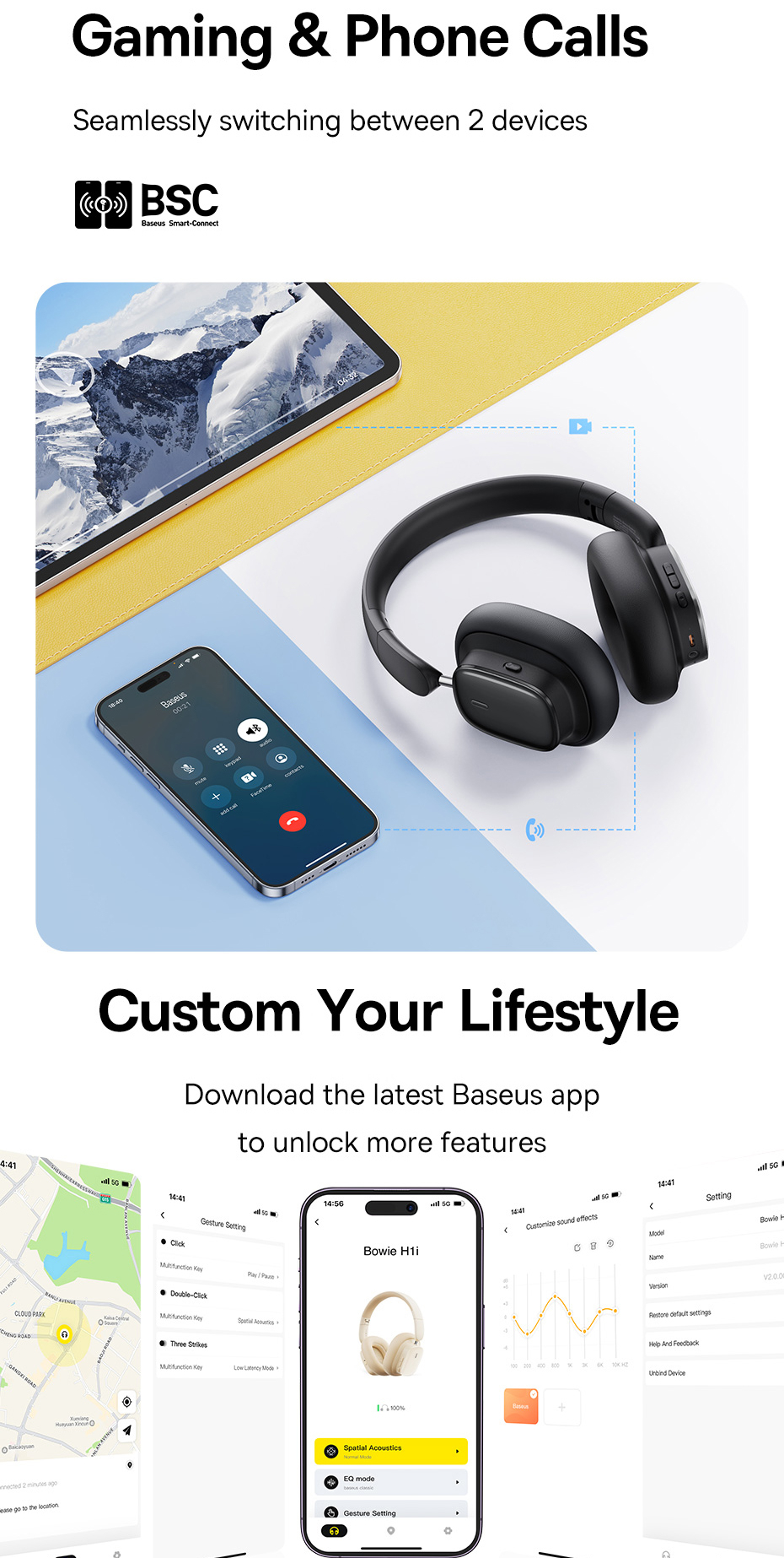 Baseus H1i Bluetooth Headphones ANC Bluetooth 5.3 Headsets Wireless ...