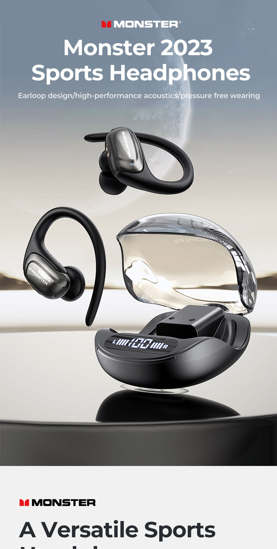 Monster Open Ear 202 Bone Conduction 5.3 Bluetooth wireless headphones noise-cancelling Sports ...