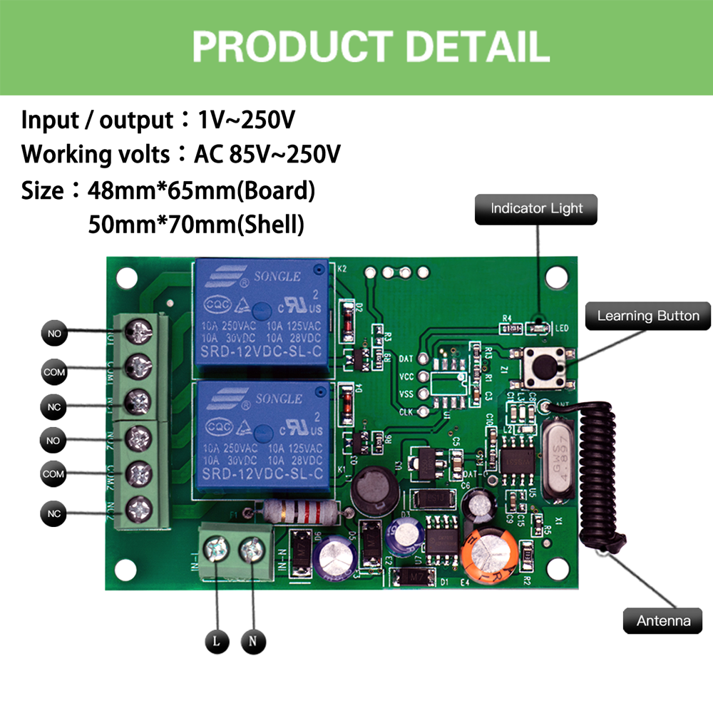 433 Mhz Wireless Remote Control AC220V 2CH Universal Rf Relay Receiver ...