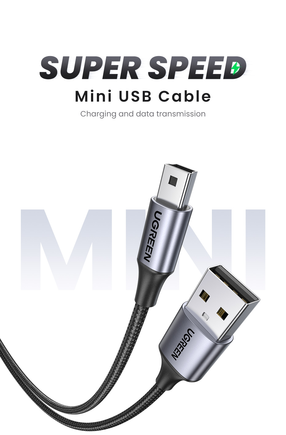UGREEN USB A Male to Mini USB Male Mini USB 2.0 Alu Case Braided Cable ...