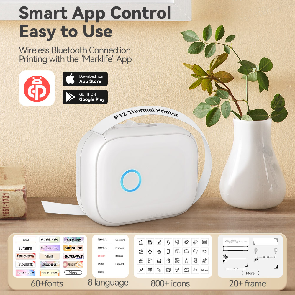 Marklife Inkless Thermal Printer P12 Portable Label Printer Bluetooth ...