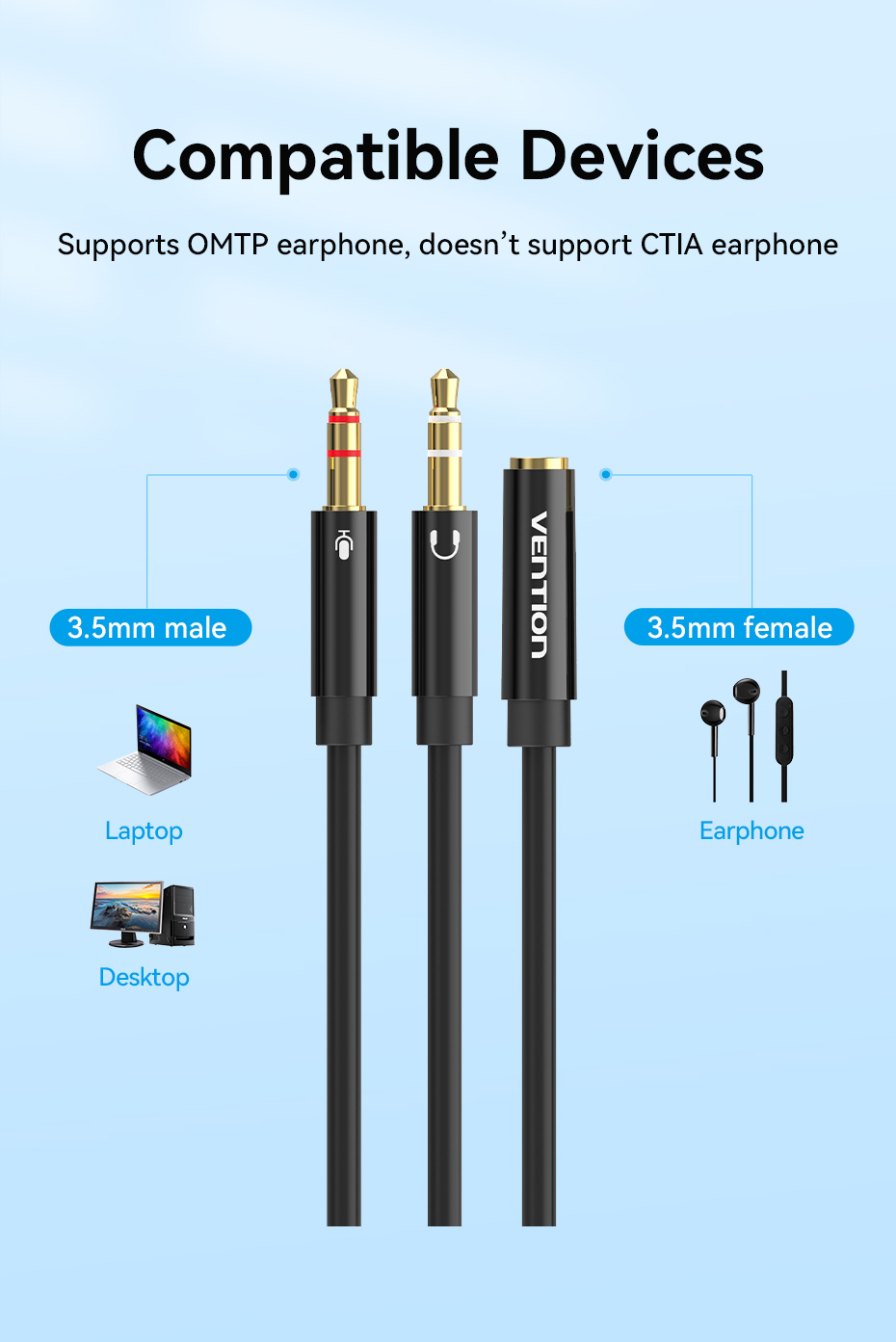 Vention 3.5mm 2 IN 1 Audio Cable Metal Mic Splitter Two-in-One Jack ...