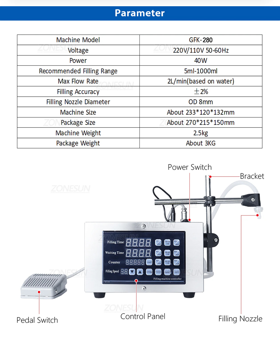 ZONESUN GFK-280 Liquid Filler Digital Control Footswitch Semi-Automatic ...