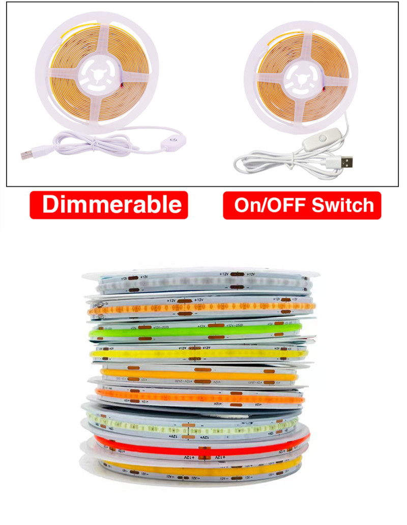 5V USB COB LED Strip Light with Switch High Density Dimmable Flexible COB Tape Ribbon Diode RA90 ...
