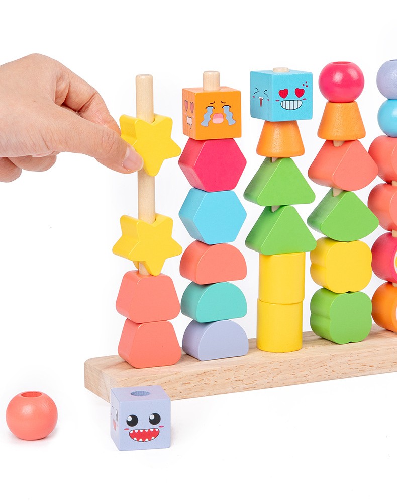 Montessori Wooden Beads Sequencing Toy Set, Stacking Blocks & Lacing ...