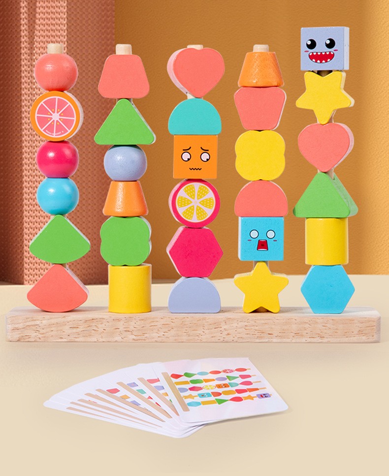 Montessori Wooden Beads Sequencing Toy Set, Stacking Blocks & Lacing ...