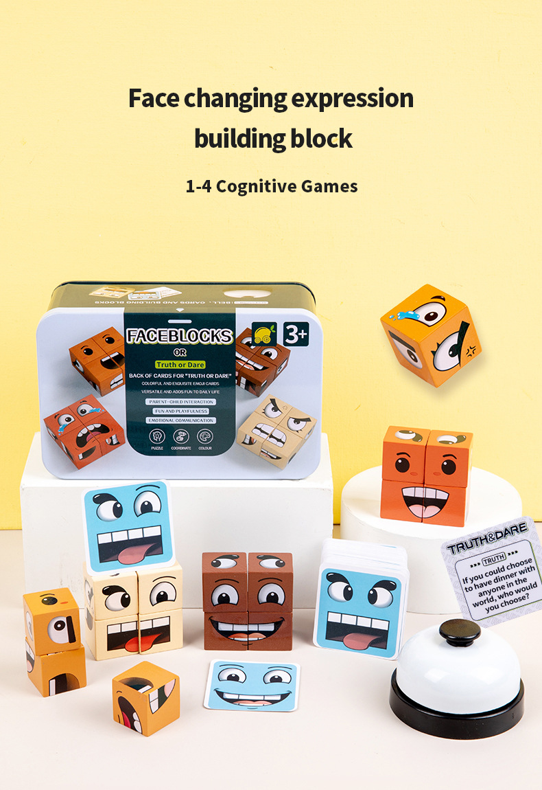 Wooden Face Changing Magic Cube Game, Expression Puzzle Building Blocks ...