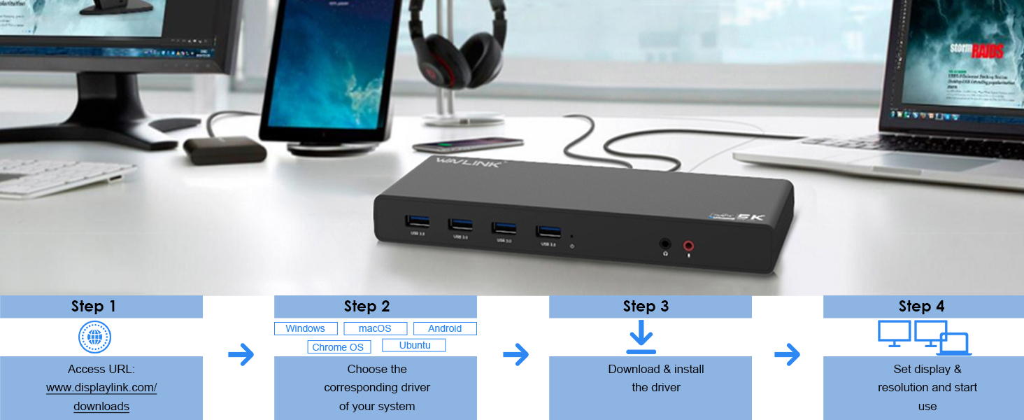 Wavlink Universal Docking DisplayLink USB Hub 5K dual 4K HDMI Display Port Output Monitors ...