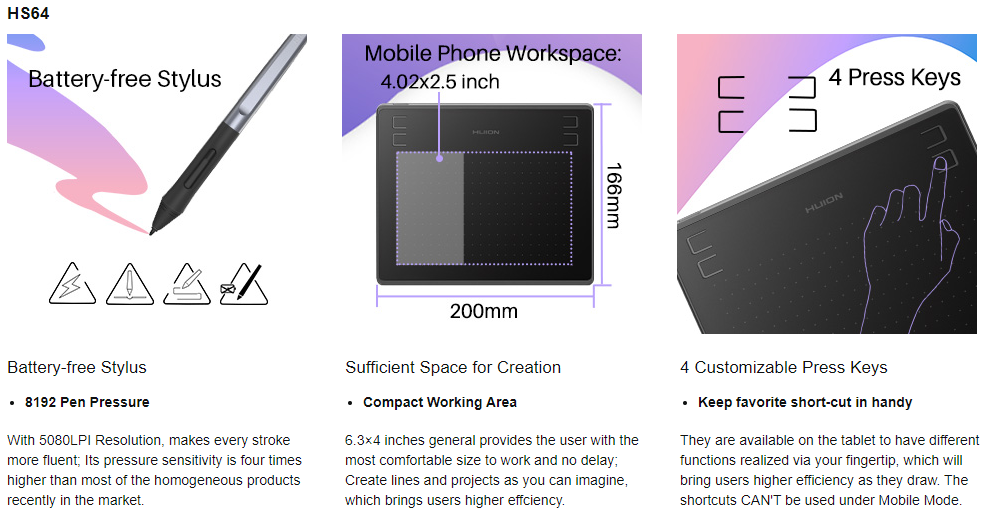 HUION HS64 6.3×4 Inch Digital Graphics Drawing Tablets with 4 Press ...