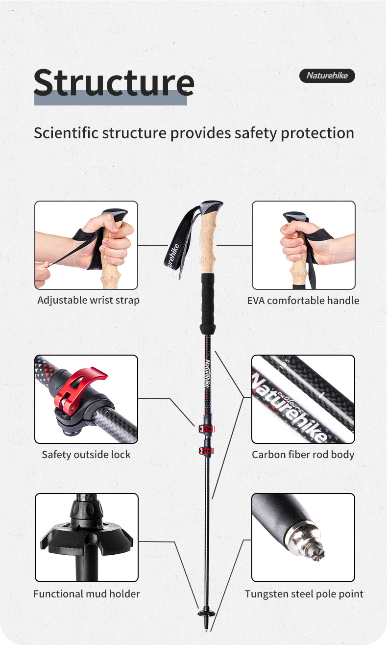 Naturehike Hiking Stick 2pcs Carbon Fiber Collapsible Telescopic Sticks ...