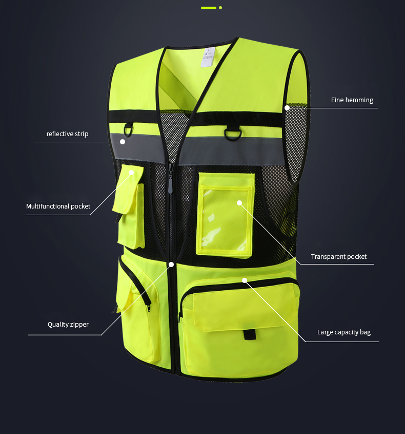 9 Pockets High Vis ANSI Yellow Black Reflective Safety Vest Mesh Fabric ...