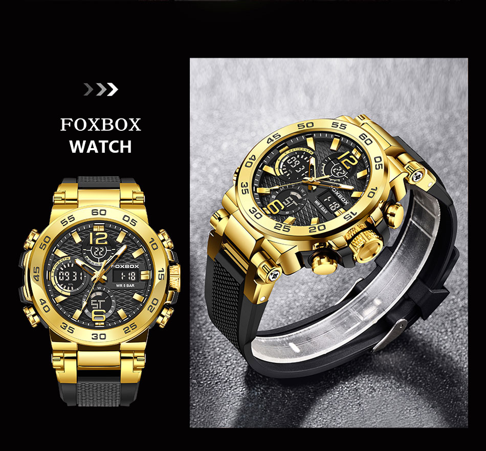 FOXBOX Watch For Men original Dual Display Waterproof Silicone Strap ...