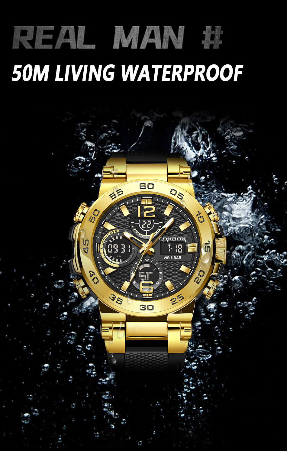 FOXBOX Watch For Men original Dual Display Waterproof Silicone Strap ...
