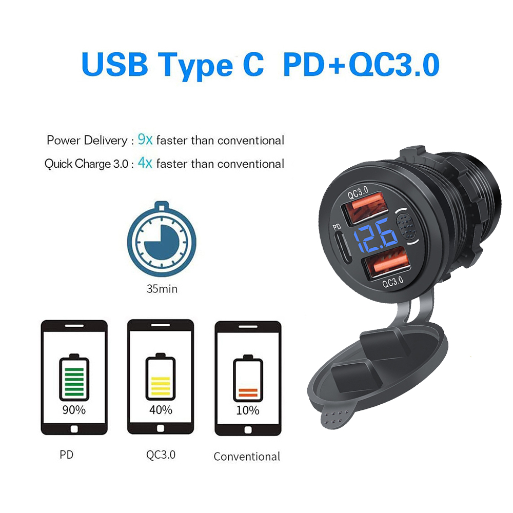 Three Port 12V/24V USB Charger Socket Dual 18W Quick Charge 3.0& 20W PD ...