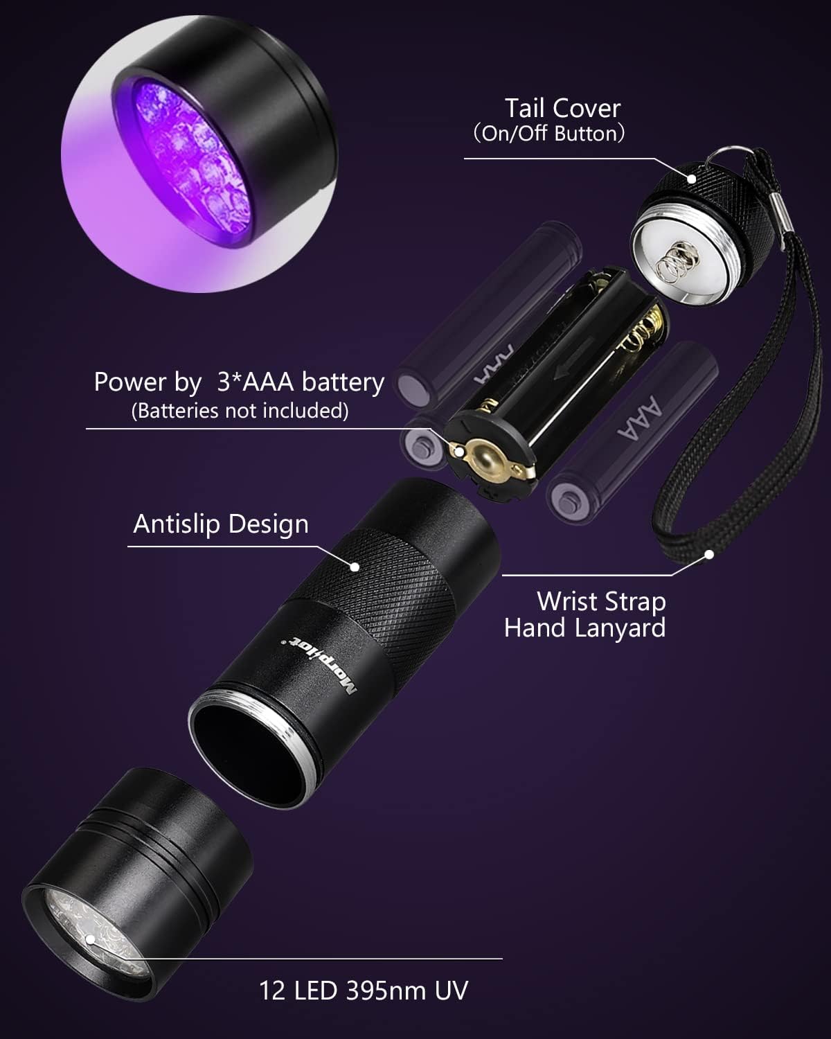 9LED/12LED/51LED UV Flashlight with Battery 395nm Ultraviolet Black ...