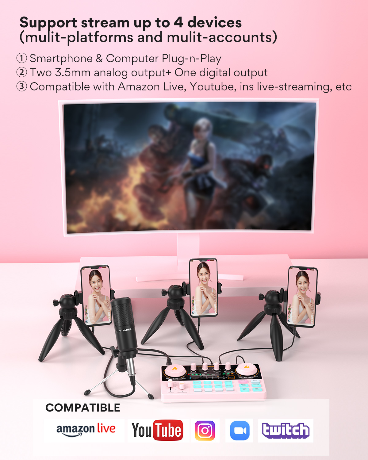Maono AM200-S1 Pink Sound Card Set Podcast Equipment Bundle-MaonoCaster ...
