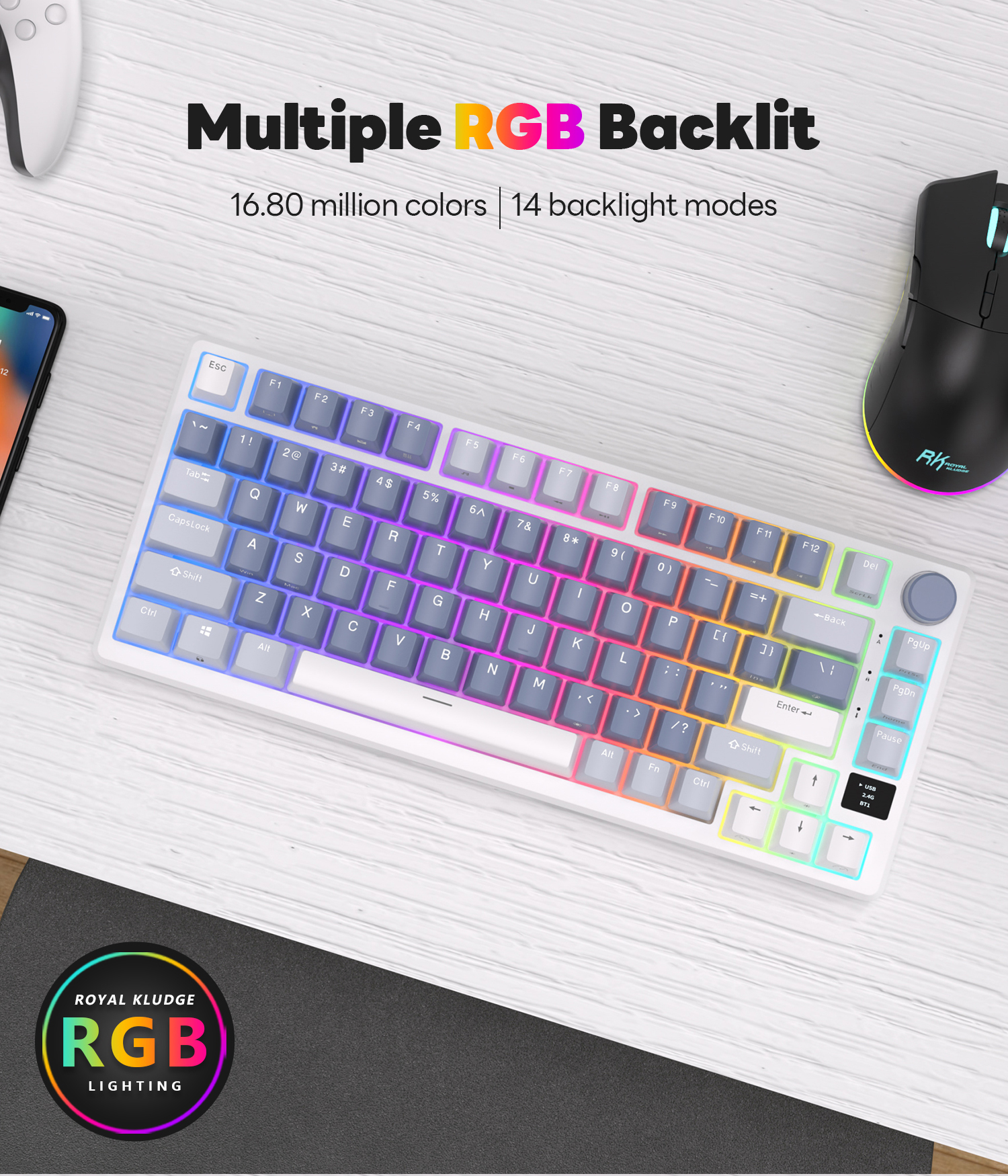 RK Royal Kludge RKM75 Tri-mode RGB Wired Bluetooth 2.4G 75Key Wireless ...