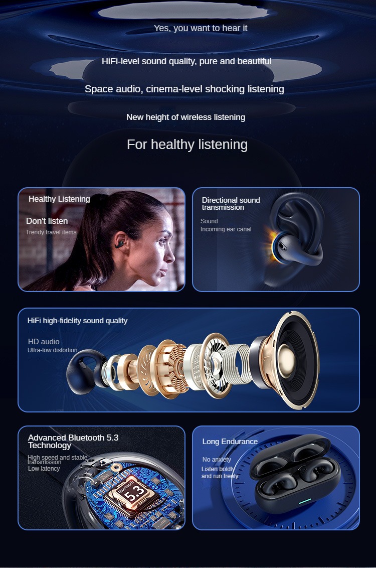 T75 Ear-Clip Earbuds Bluetooth Headphones 3D Surround Stereo Bass ...