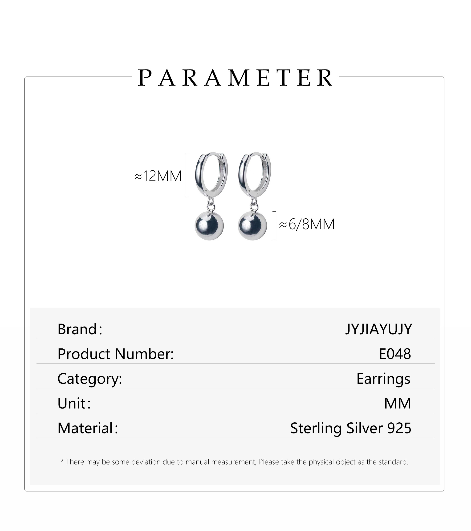 JYJIAYUJY In Stock 100%Sterling Silver S925 Earrings Drop+Hoop Earrings 6mm/8mm Silver Ball ...