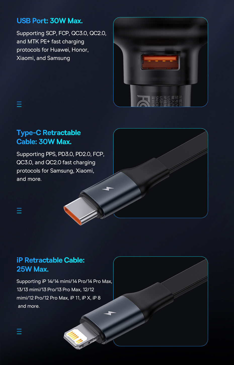 Baseus 60W Car Charger Built-in Retractable Fast Charging Type-C & iP ...