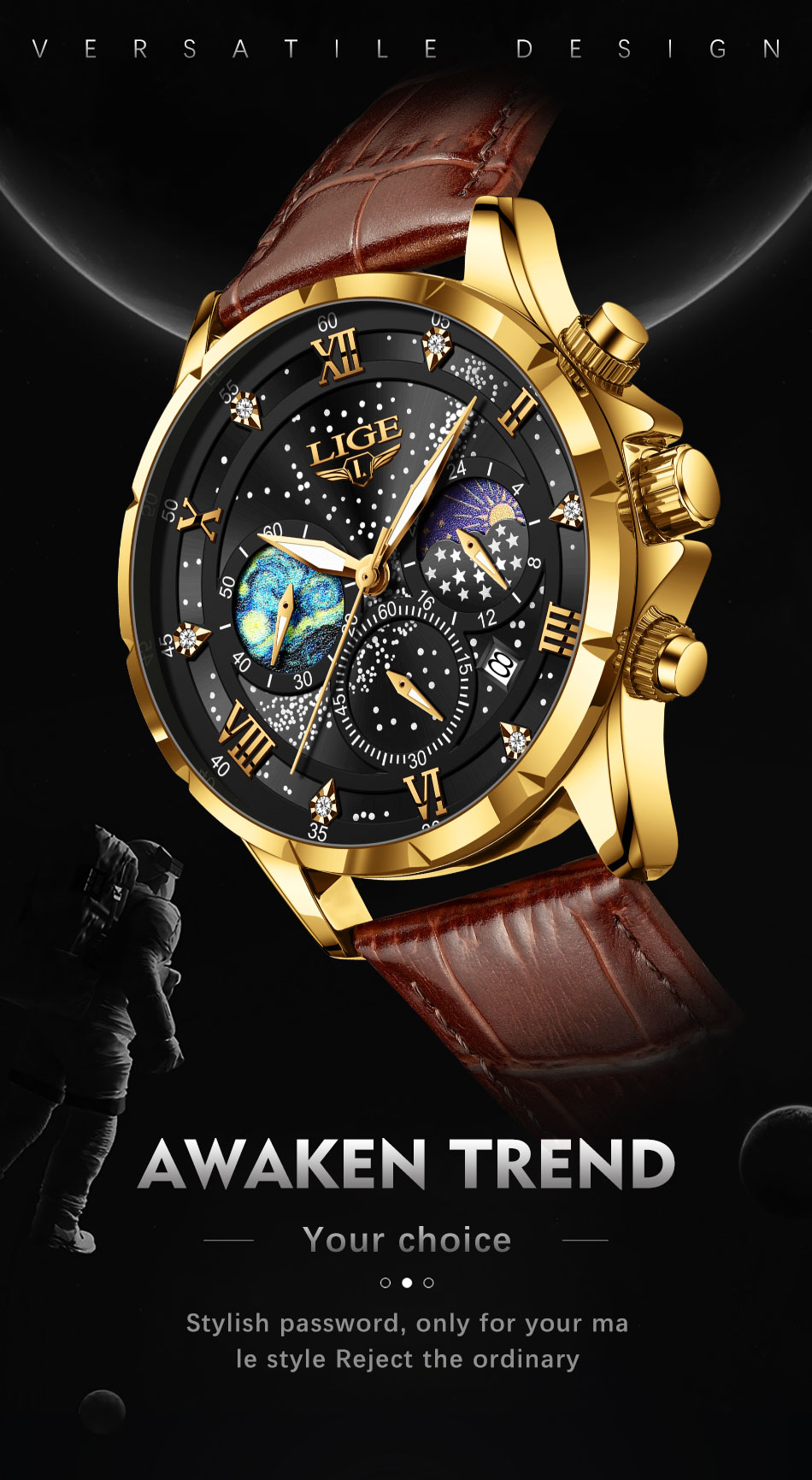 LIGE Men Watch Waterproof Original Fashion starry sky Leather Strap ...