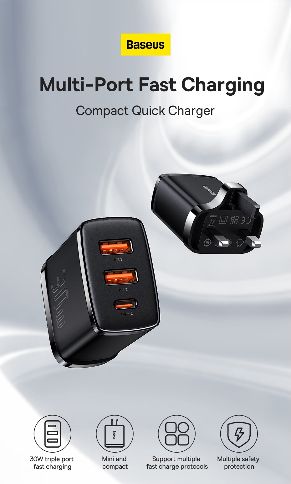 Baseus Compact 30W PD Fast Charging 2 USB+Type C Charger Quick Charger ...