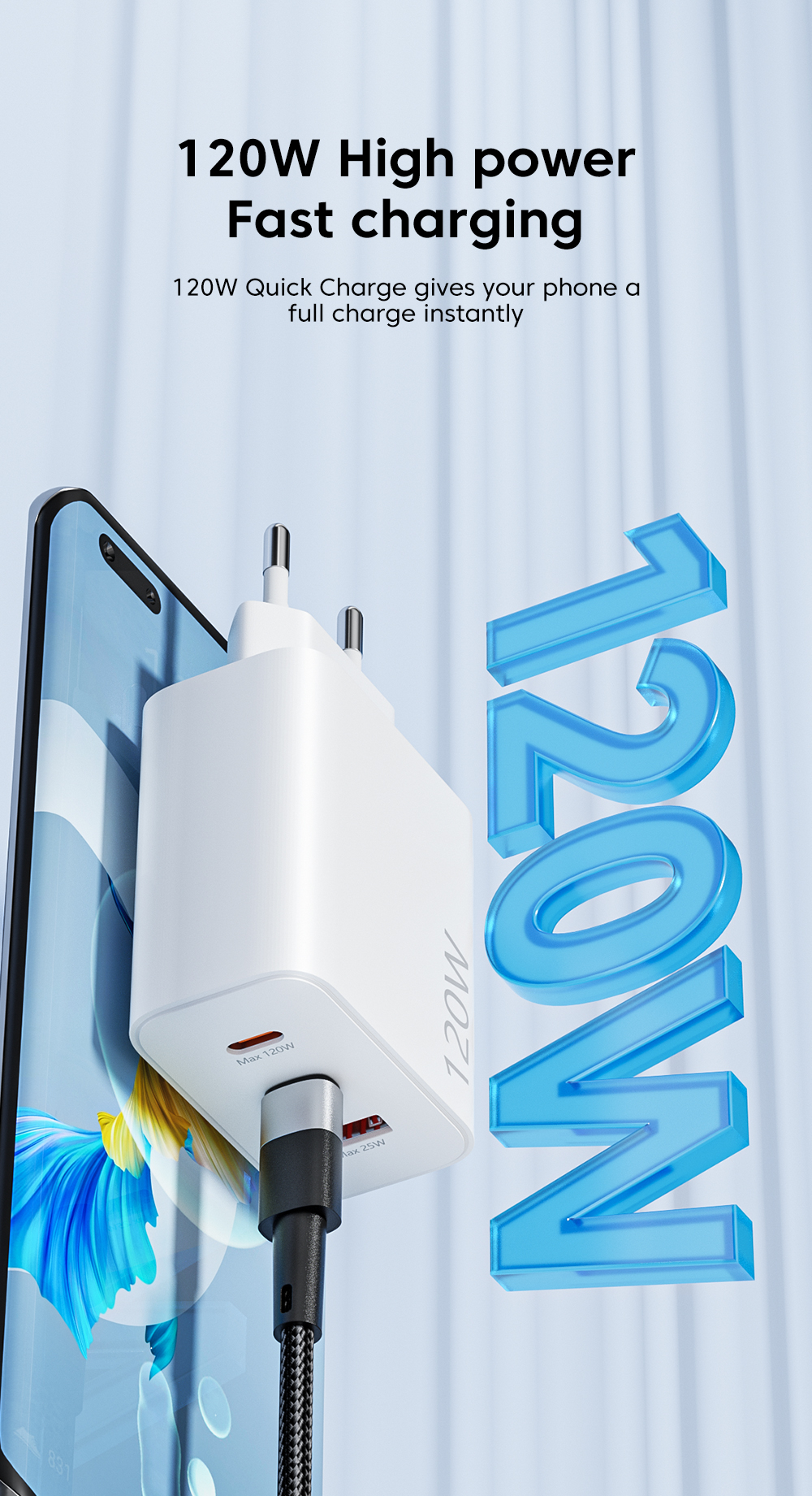 120W 3 Ports USB Charger Type C Fast Charging Quick Charge Cell Phone ...