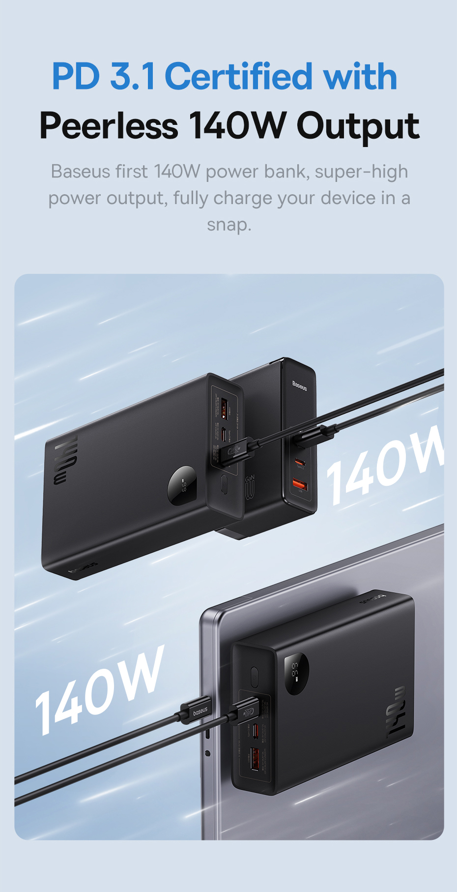 BaseusPowerbank 140W Max Laptop Fast Charging, 140W 24000mAh Portable ...