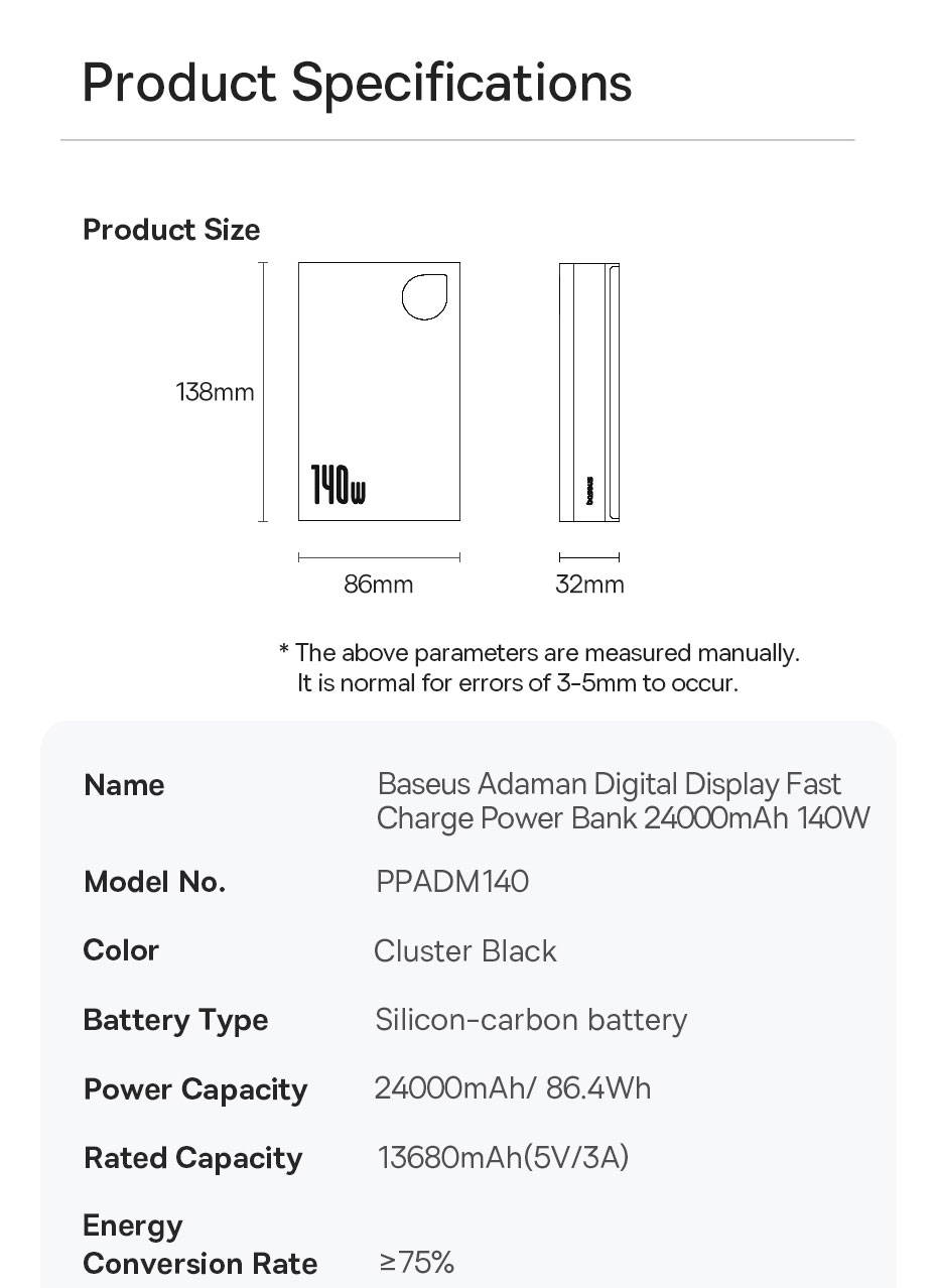 BaseusPowerbank 140W Max Laptop Fast Charging, 140W 24000mAh Portable ...