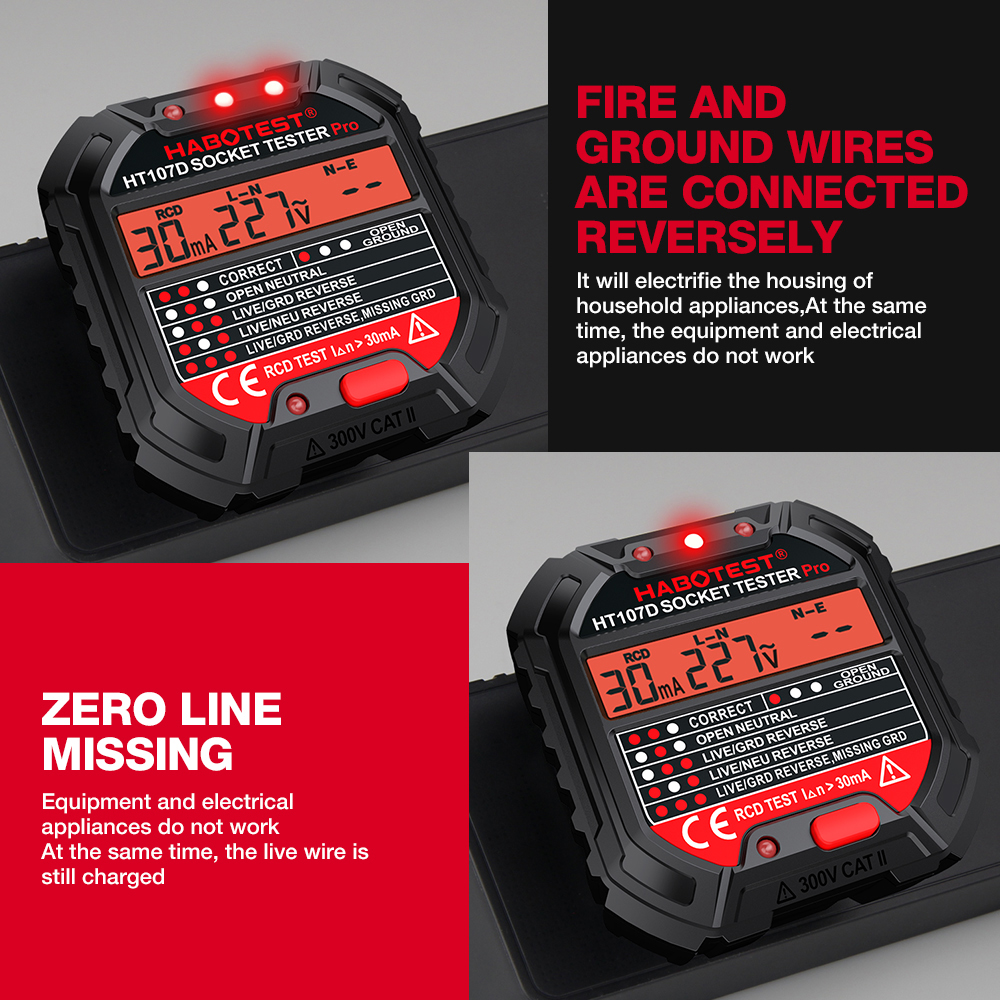 HABOTEST HT107 GFCI Socket Tester Electric Leakage Finder With Voltage ...