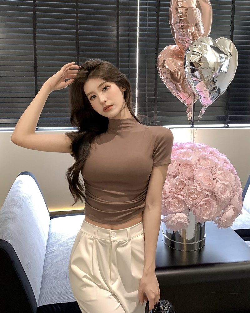 Half High Neck Short Sleeve T-shirt Sexy Short Top Free Size | Shopee ...