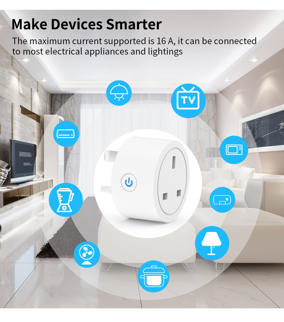 WiFi Smart Tuya 20A Socket Power Plug UK Smart Life APP Wireless ...