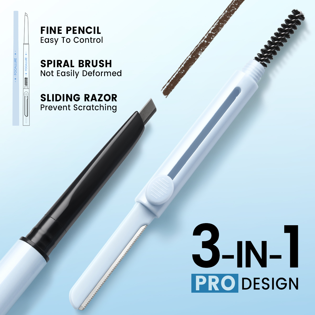 FOCALLURE Pro-shaping 3-in-1 Triangular Eyebrow Pencil Multi-use Built ...
