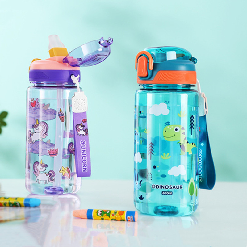 600ml Cartoon Healthy Plastic Water Bottle With Straw BPA Free Leak ...