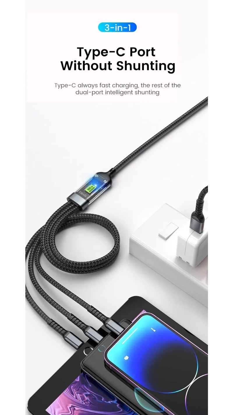 100W 3 in 1 Super Charging Cable 6A Micro USB Type C Fast Charge Type C ...