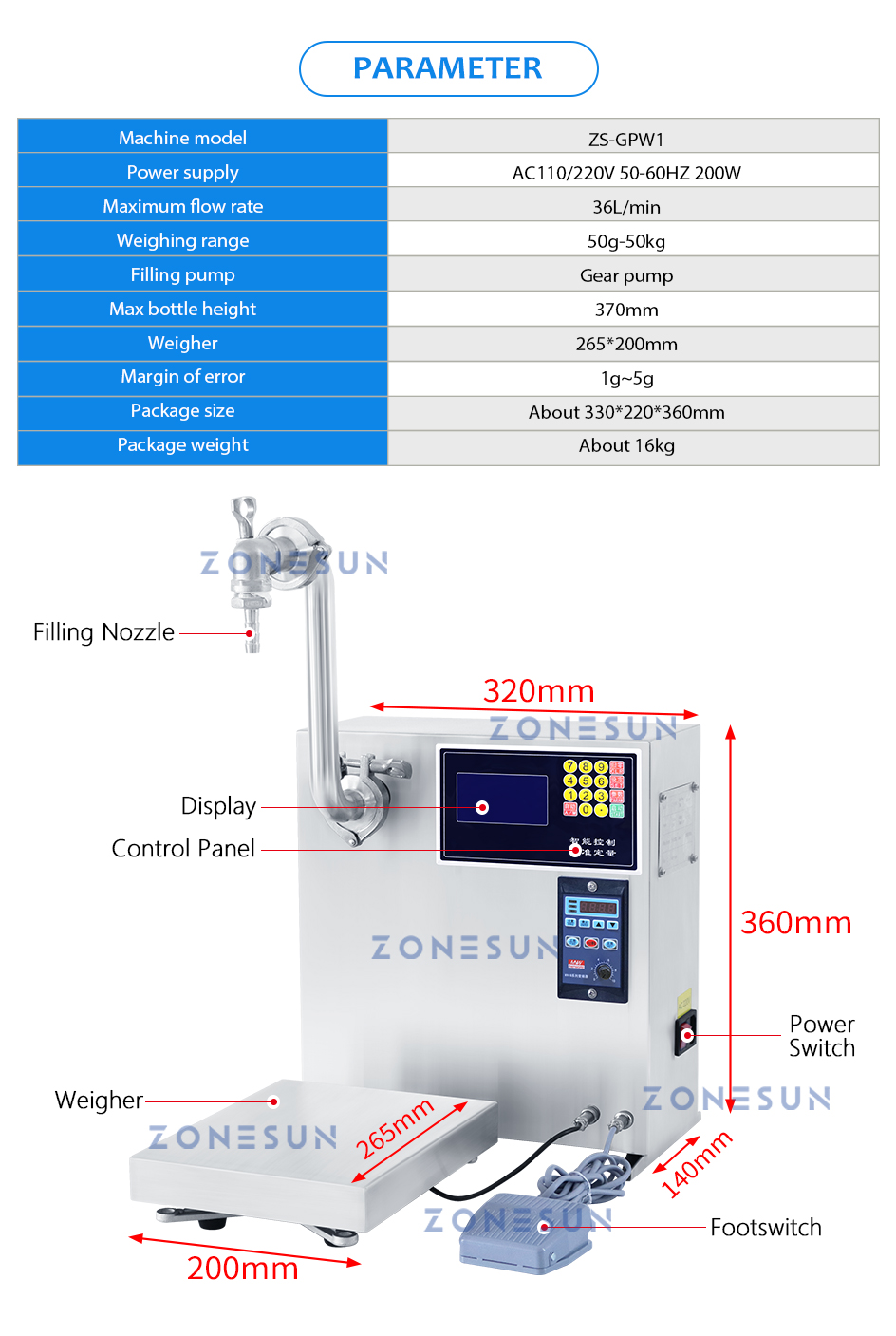 ZONESUN ZS-GPW1 Liquid Filler Weigher Cooking Oil Beverage Drinks High Flow Gear Pump Footswitch ...