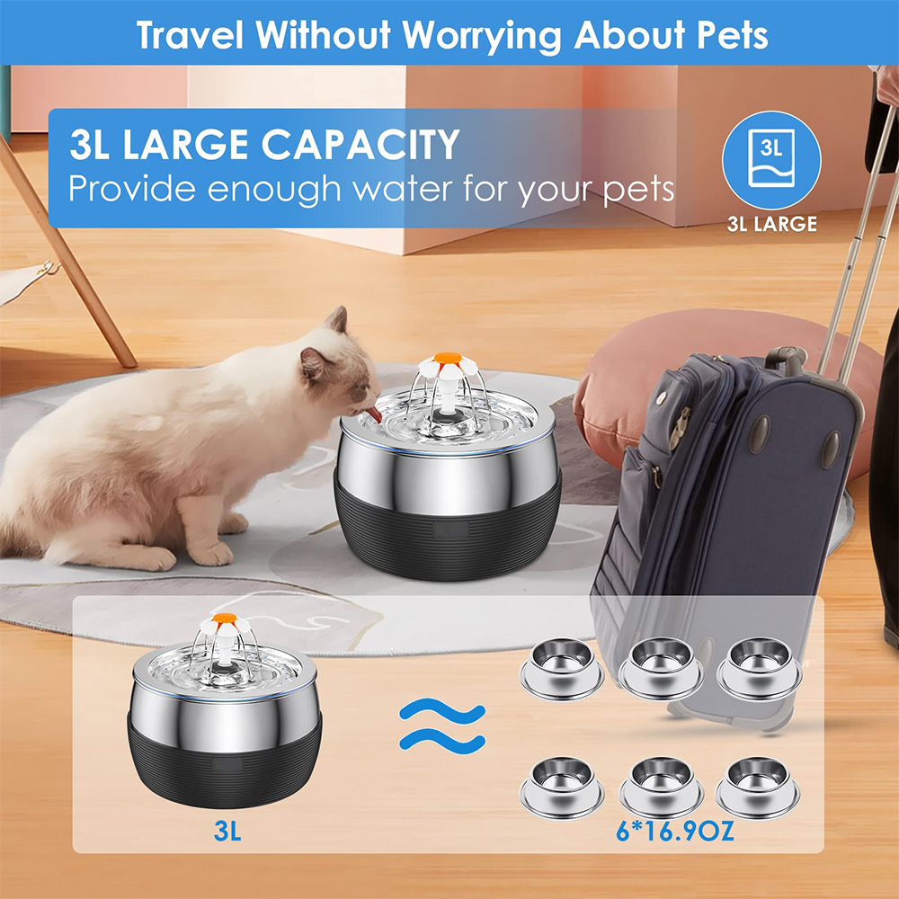 3L USB Auto Stainless Steel Cat Fountain 102 oz Pet Water Dispenser ...
