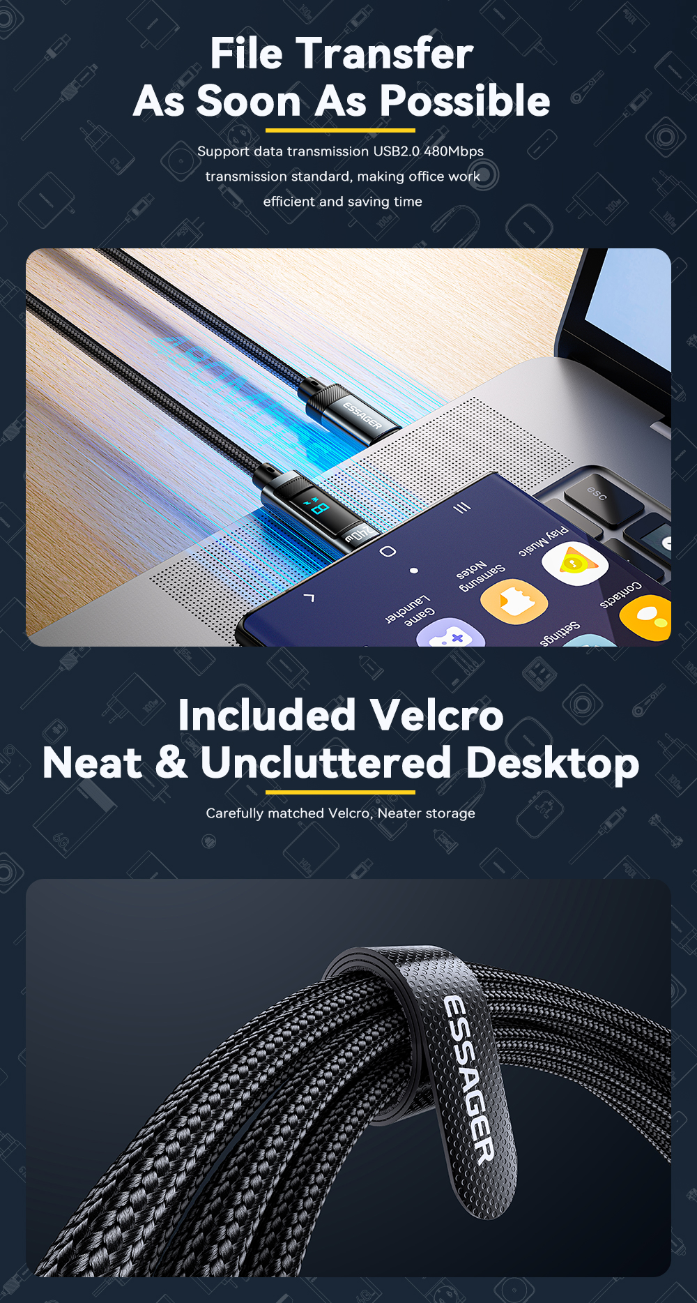 Essager H 240W 5A Type C To Type C Digital Display Data Cable Suport ...