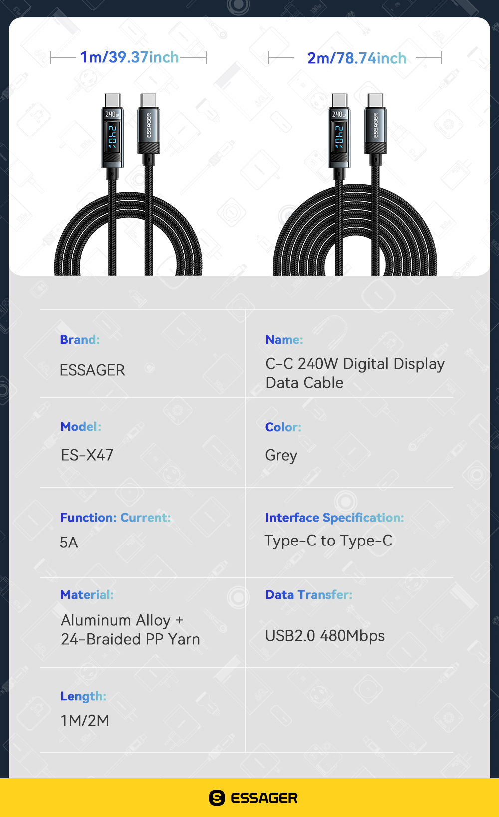 Essager H 240W 5A Type C To Type C Digital Display Data Cable Suport ...