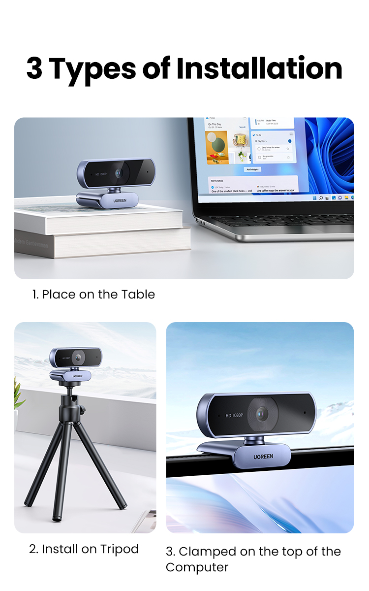 UGREEN 1080P Full HD Webcam Dual Mic 360° Adjustable Computer USB ...