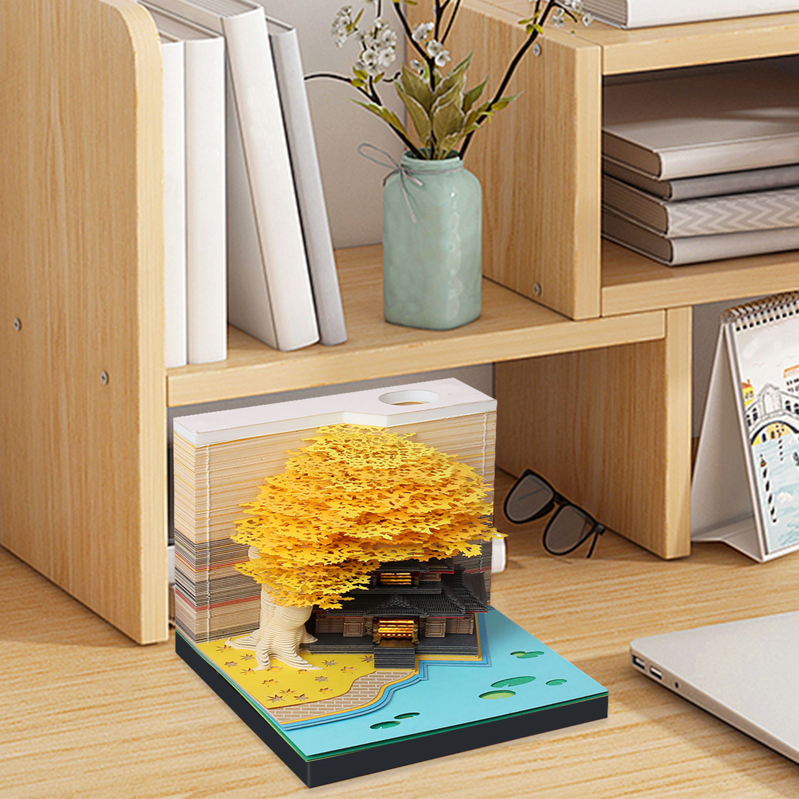 3D Desk Note Pad Creative Memo Pad with LED Lights Pen Holder Tear-Away ...