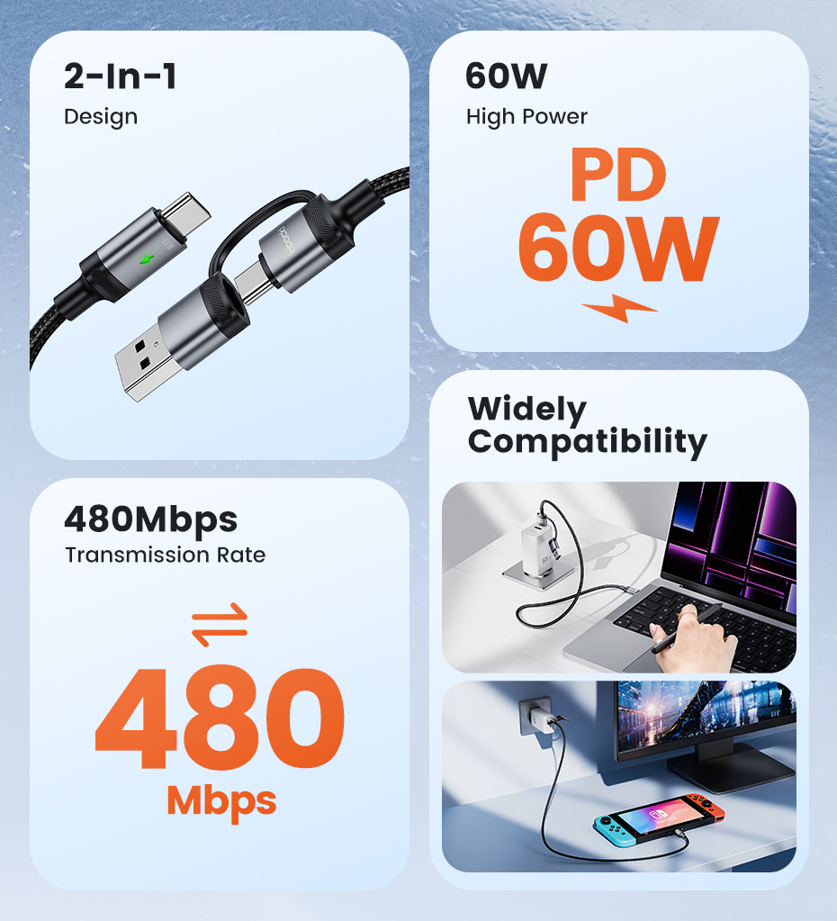 Toocki PD 60W 2-in-1 USB Cable Type C to Type C/USB Fast Charging Data ...