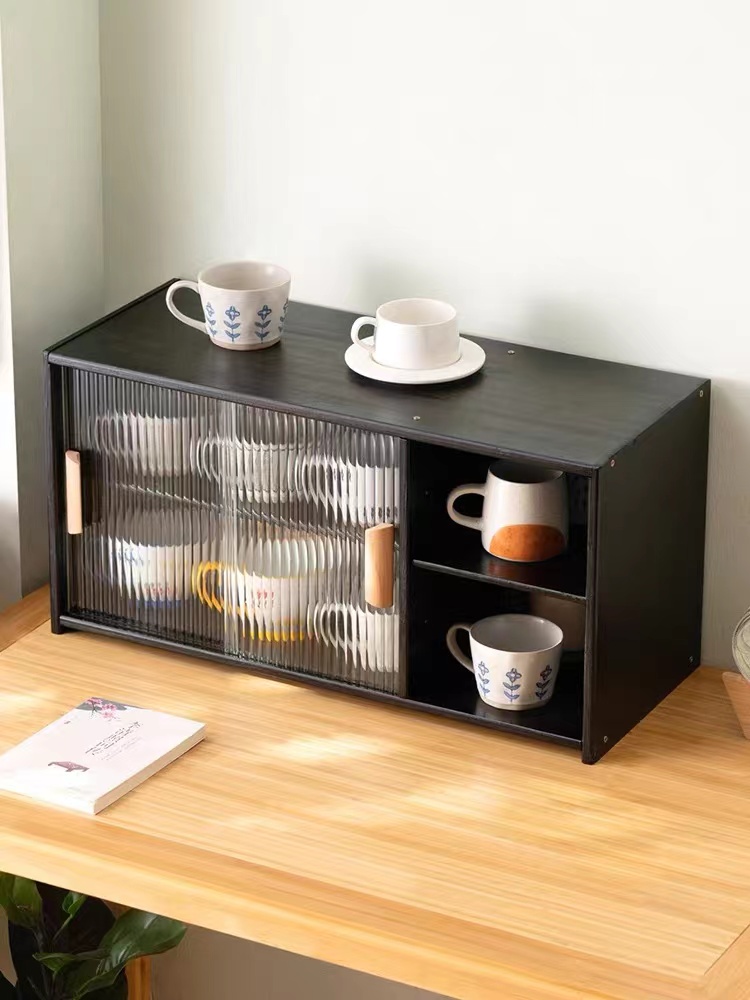 Black Kitchen Shelf Cabinet Table Top Cabinet with Sliding Door Cup ...